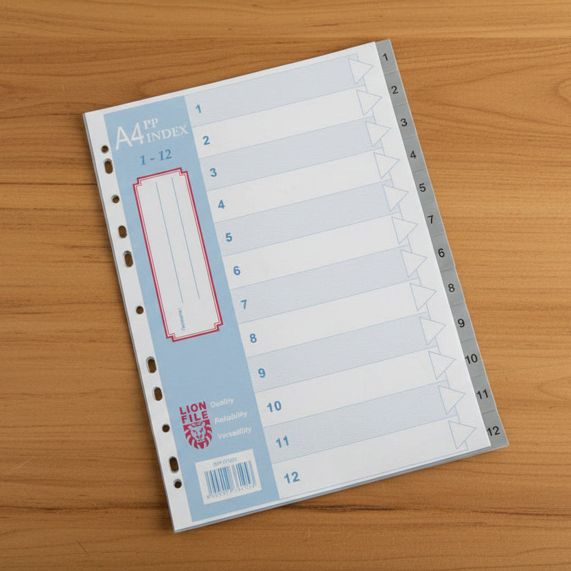 LIONFILE A4 12 tab Index Dividers 0.13mm PP Numbered